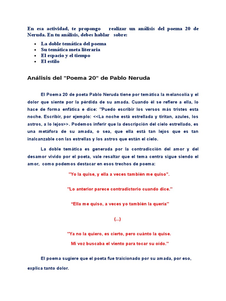 Análisis del Poema 20 de Neruda | PDF | Arte
