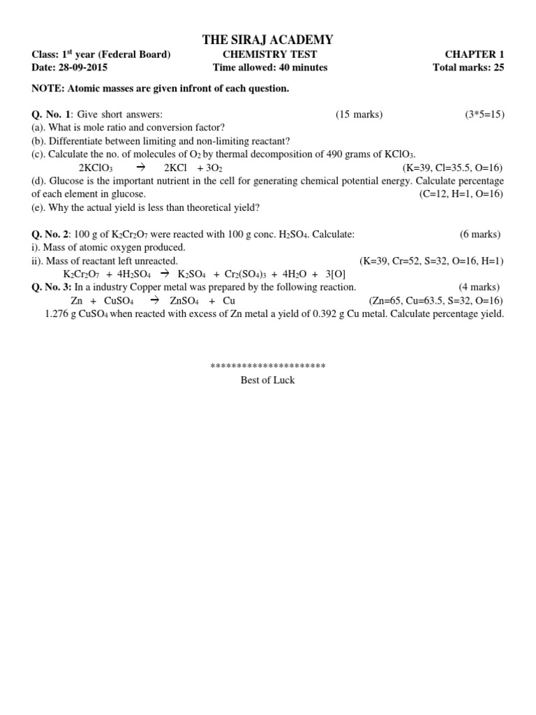 1st Year Chemistry Test: Chapter 1 | PDF