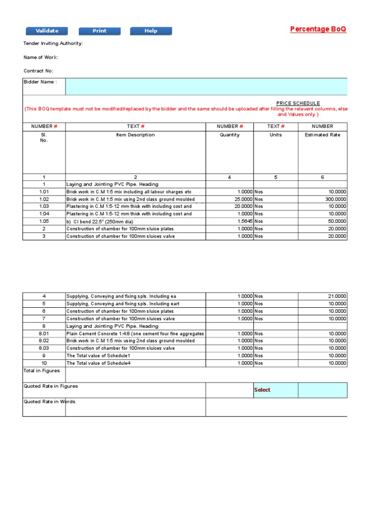 Construction Percentage BoQ Template | PDF | Technology & Engineering