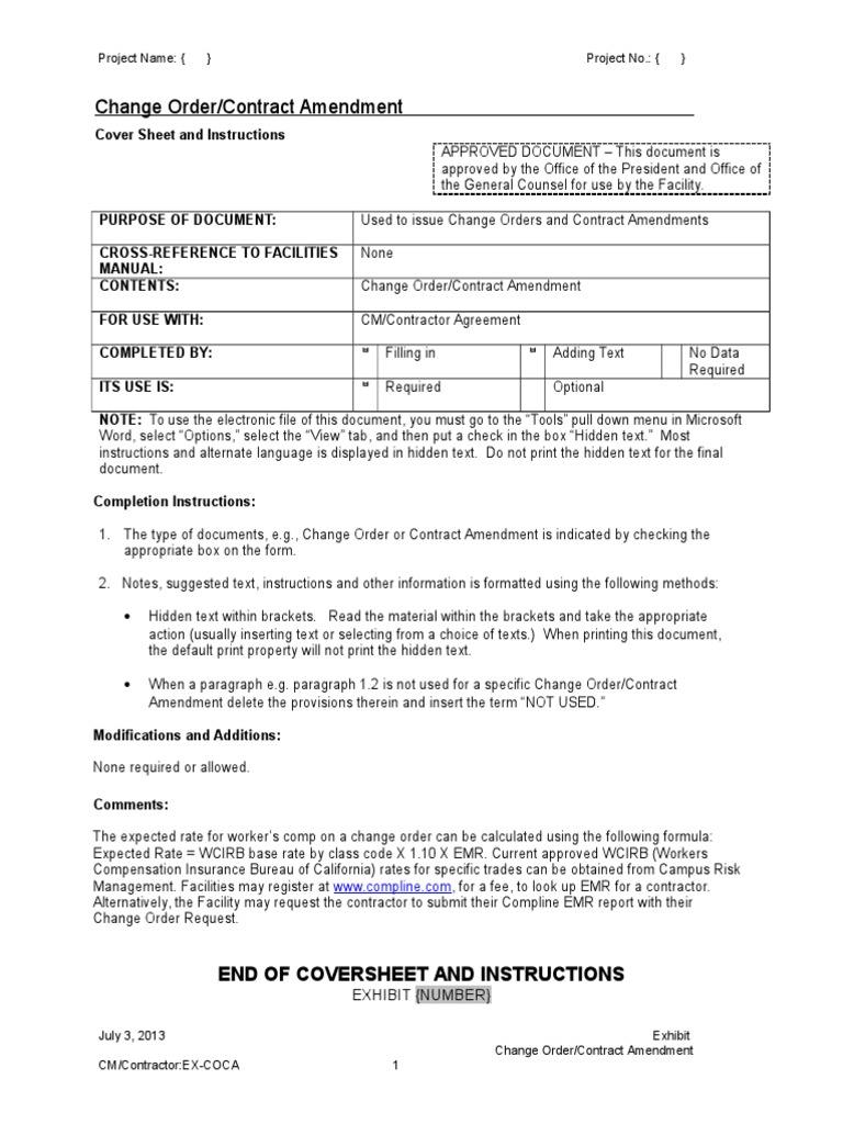 Change Order/Contract Amendment: End Of Coversheet And Instructions