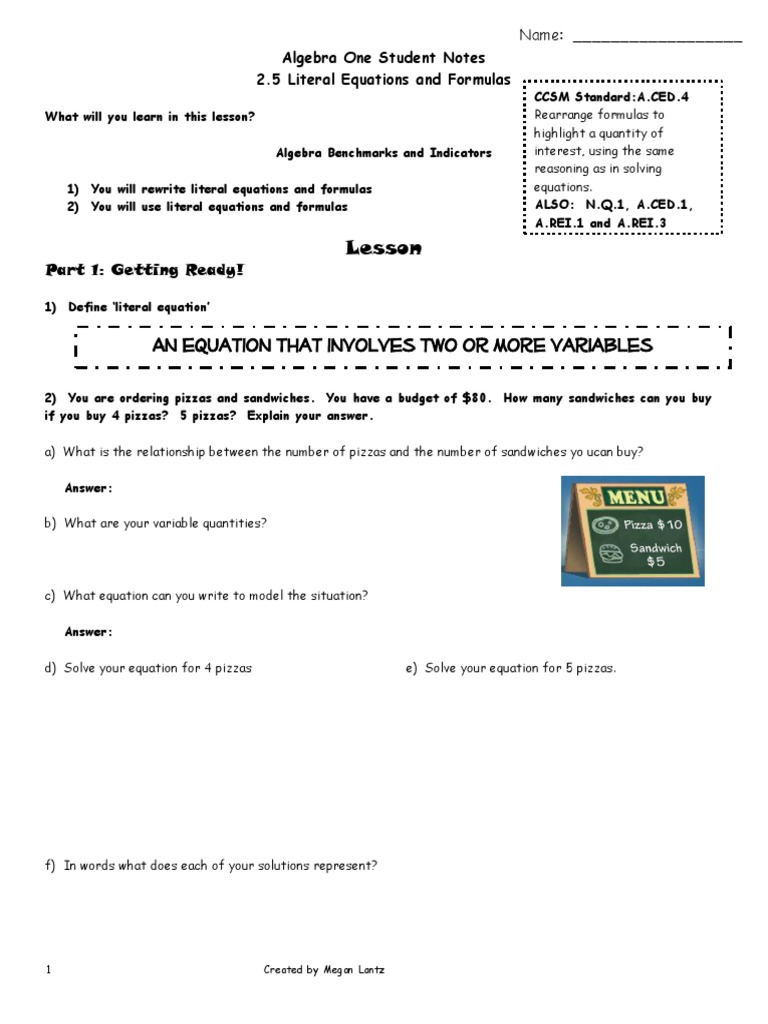 2 5 Literal Equations and Formulas | PDF | Area | Equations
