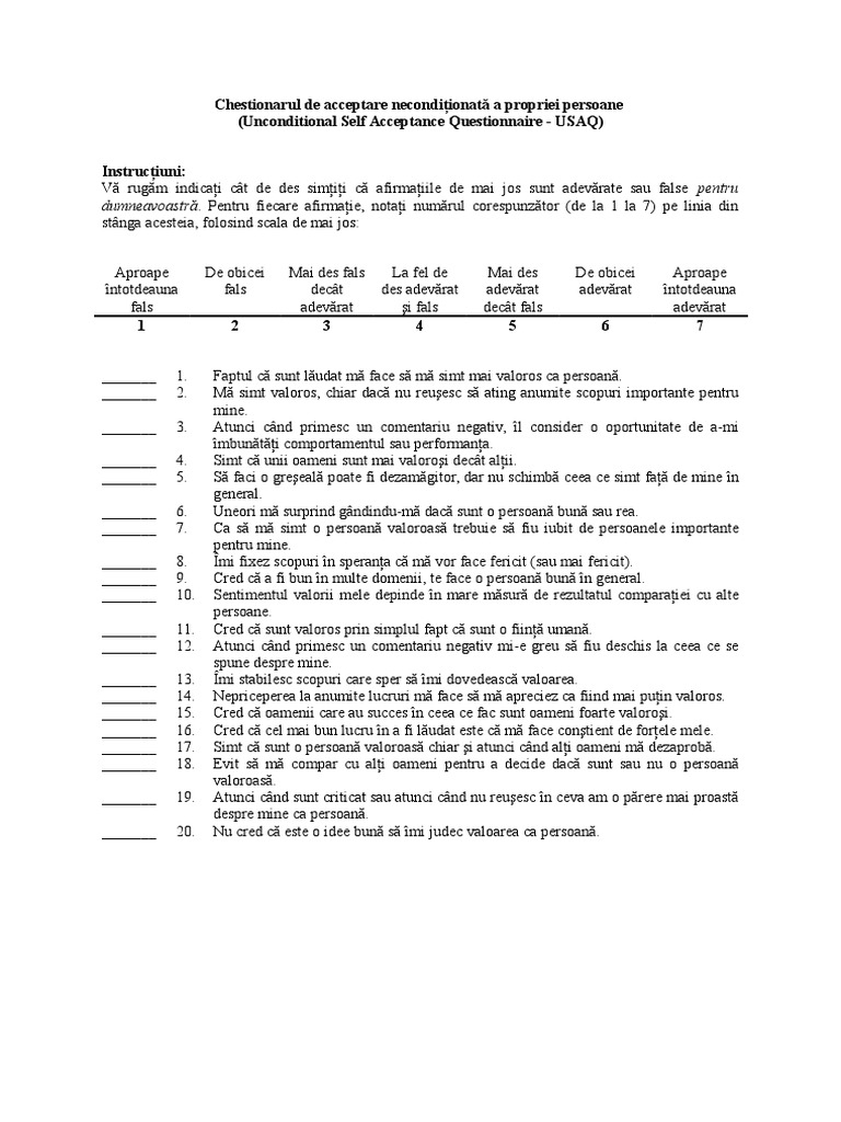 Unconditional Self Acceptance Questionnaire - USAQUsa