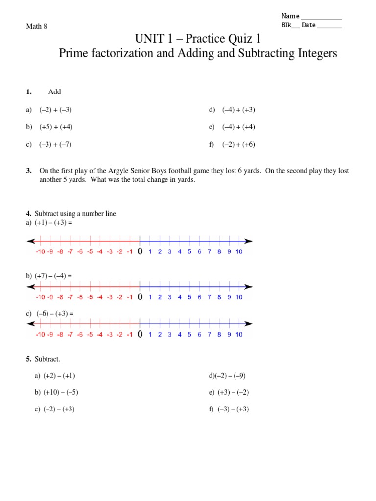 Math 8 Quiz: Integers & Factorization | PDF