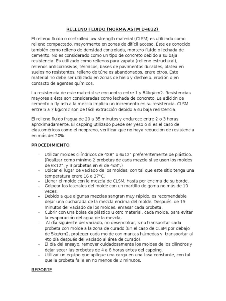 Relleno Fluido Resumen ASTM d4832 | PDF | Cemento | Hormigón