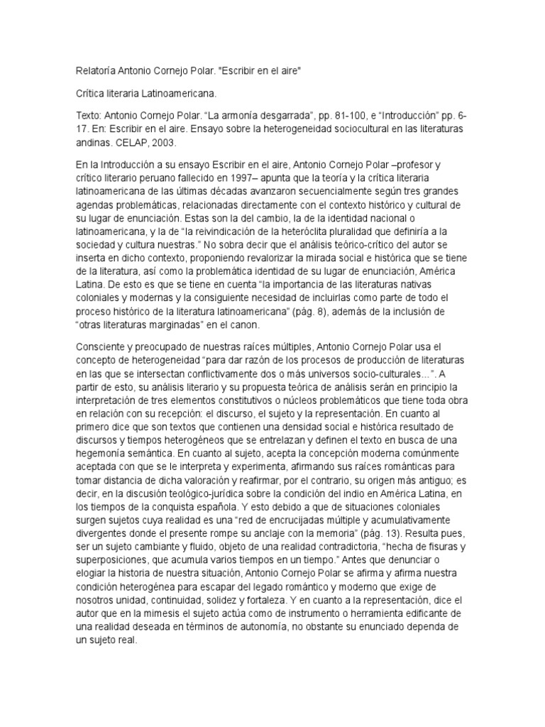 Escribir en El Aire Por Cornejo Polar | PDF | Autor | Crítica literaria Escribir en El Aire Por Cornejo Polar | PDF | Autor | Crítica literaria