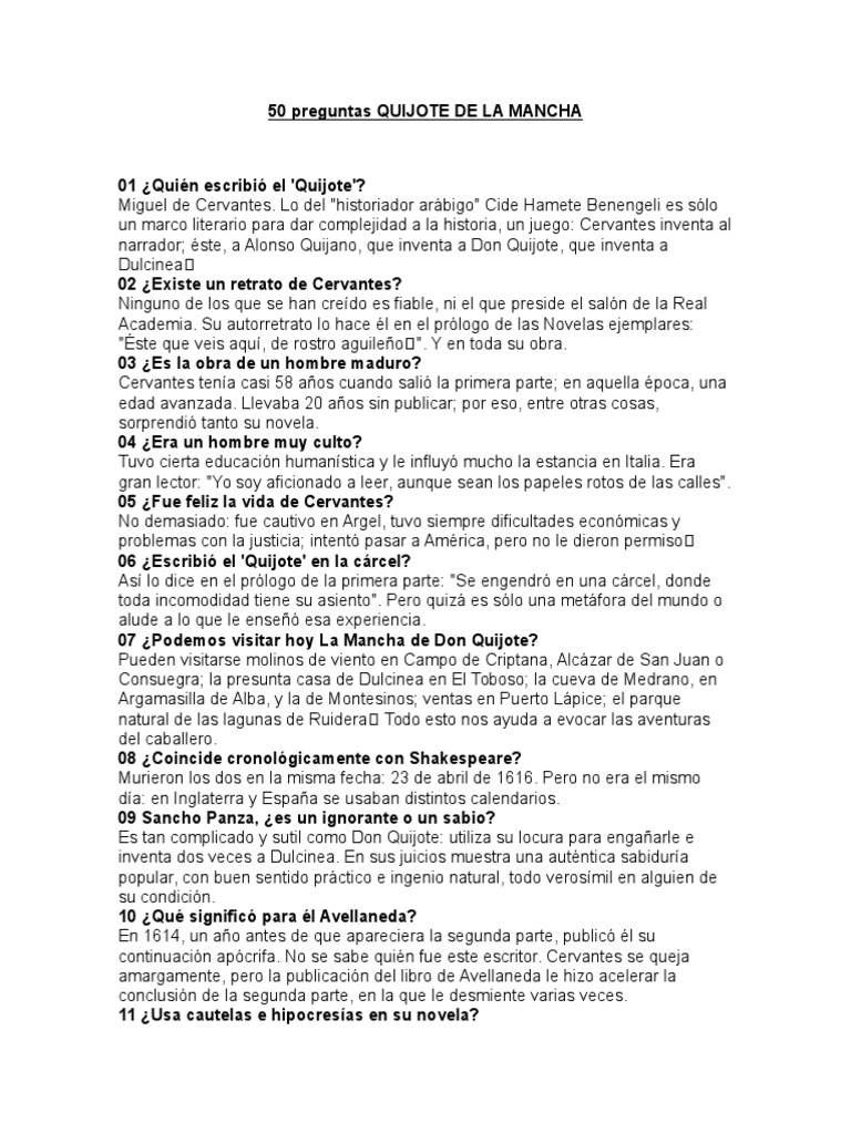50 Preguntas Quijote de La Mancha | Don Quijote | Miguel De Cervantes