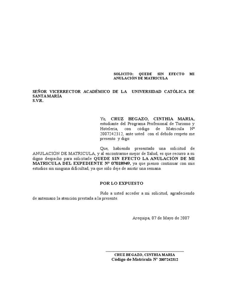 SOLICITO ANULACIÓN DE MATRÍCULA.DOC