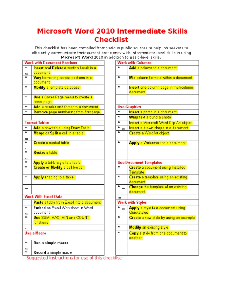Microsoft Word 2010 Skills Checklist | PDF