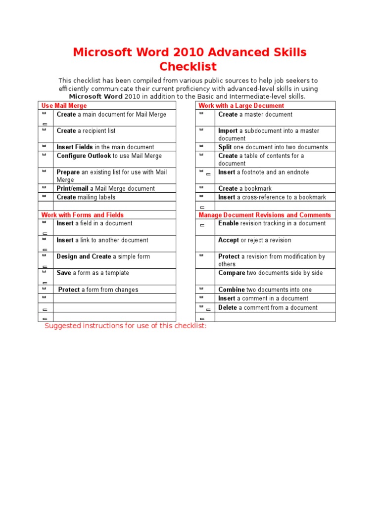 Advanced Microsoft Word 2010 Skills Checklist | PDF