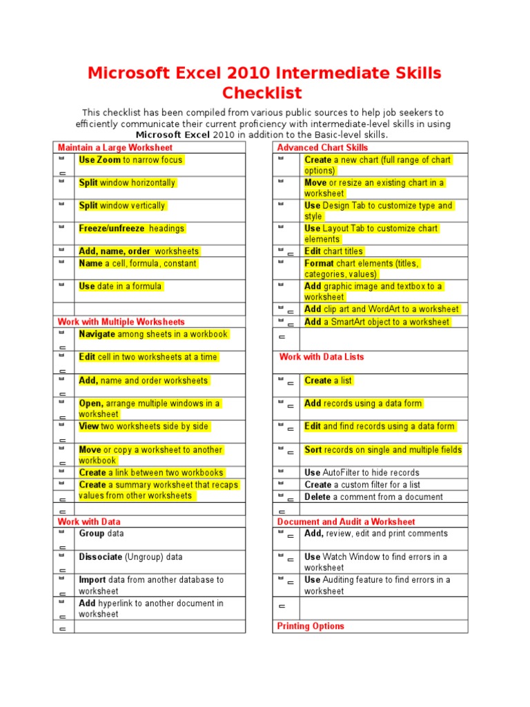 Microsoft Excel 2010 Intermediate Skills Checklist: Maintain A Large ...