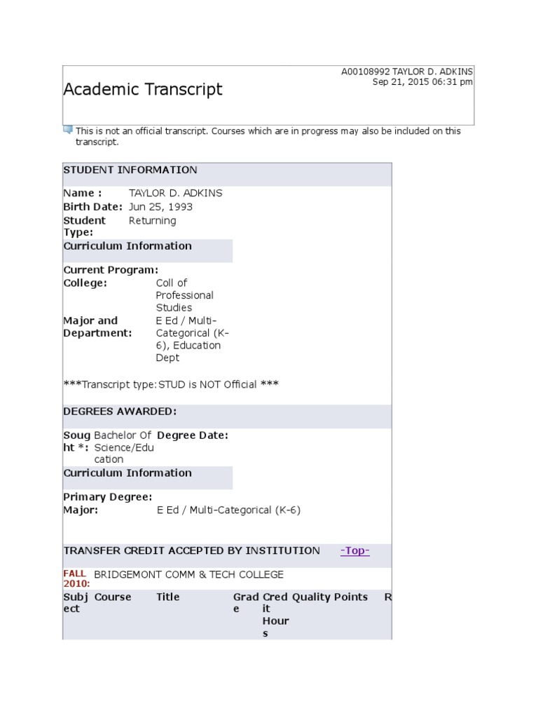 Academic Transcript: Taylor D. Adkins Returning | PDF | Academia | Science