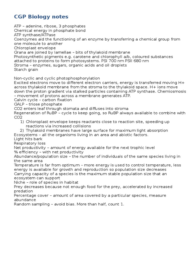 CGP Biology Notes | PDF | Chloroplast | Adenosine Triphosphate