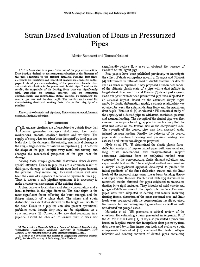 Strain Based Evaluation of Dents in Pressurized Pipes | PDF ...
