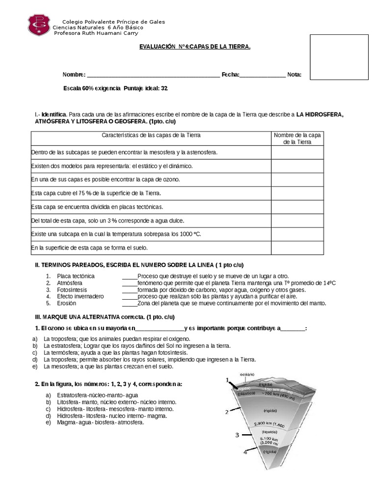 Evaluación sobre Capas de la Tierra | PDF | Tierra | Atmósfera de tierra