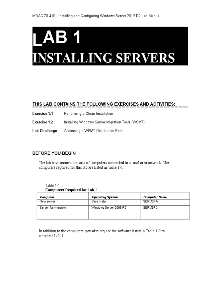 Installing Servers: This Lab Contains The Following Exercises and ...