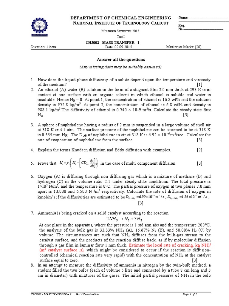 MT Test 1 QP | PDF | Ammonia | Diffusion