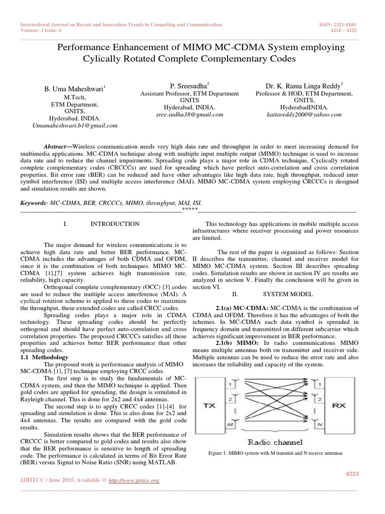Performance Enhancement of MIMO MC CDMA System Employing Cylically Rotated Complete ...