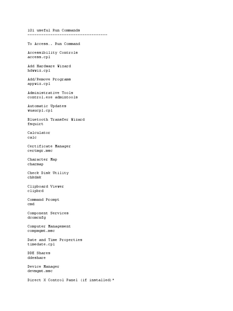 101 Useful Run Commands PDF Command Line Interface Windows Registry