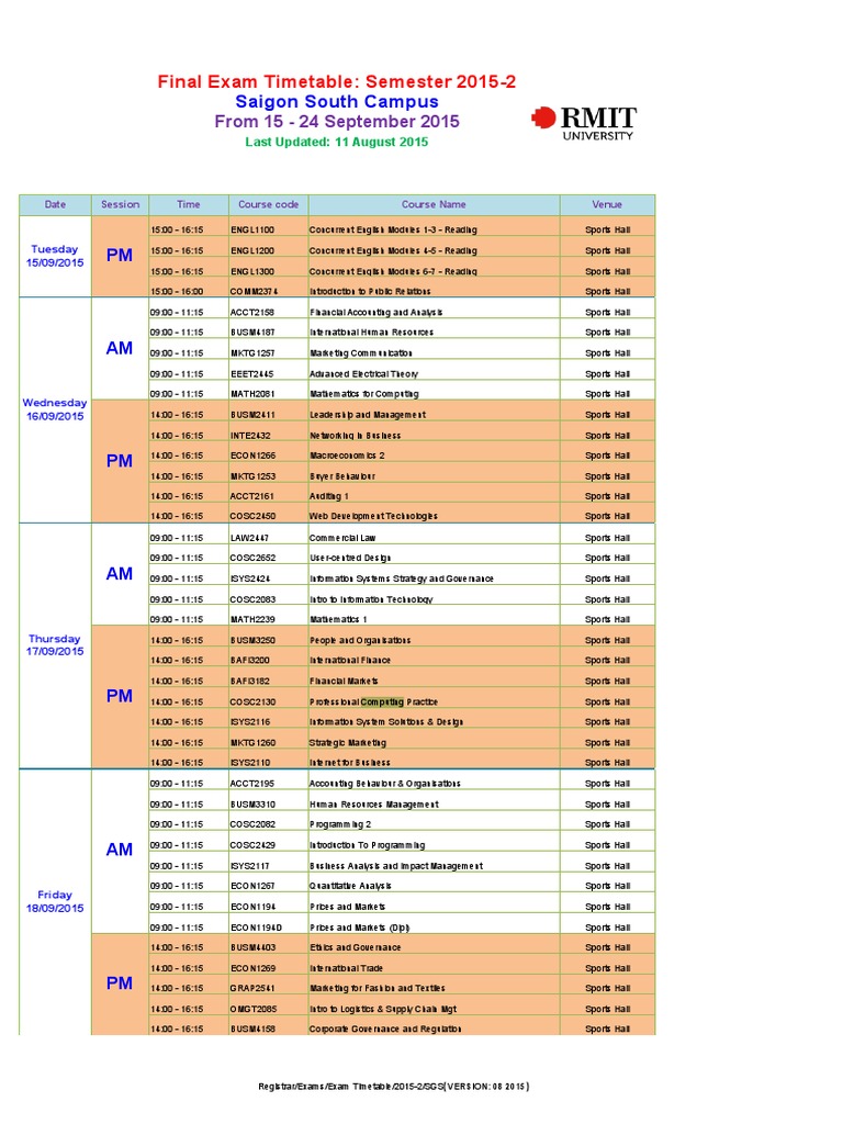 RMIT Final Exam Timetable SGS 2015-2 | PDF | Accounting | Analytics