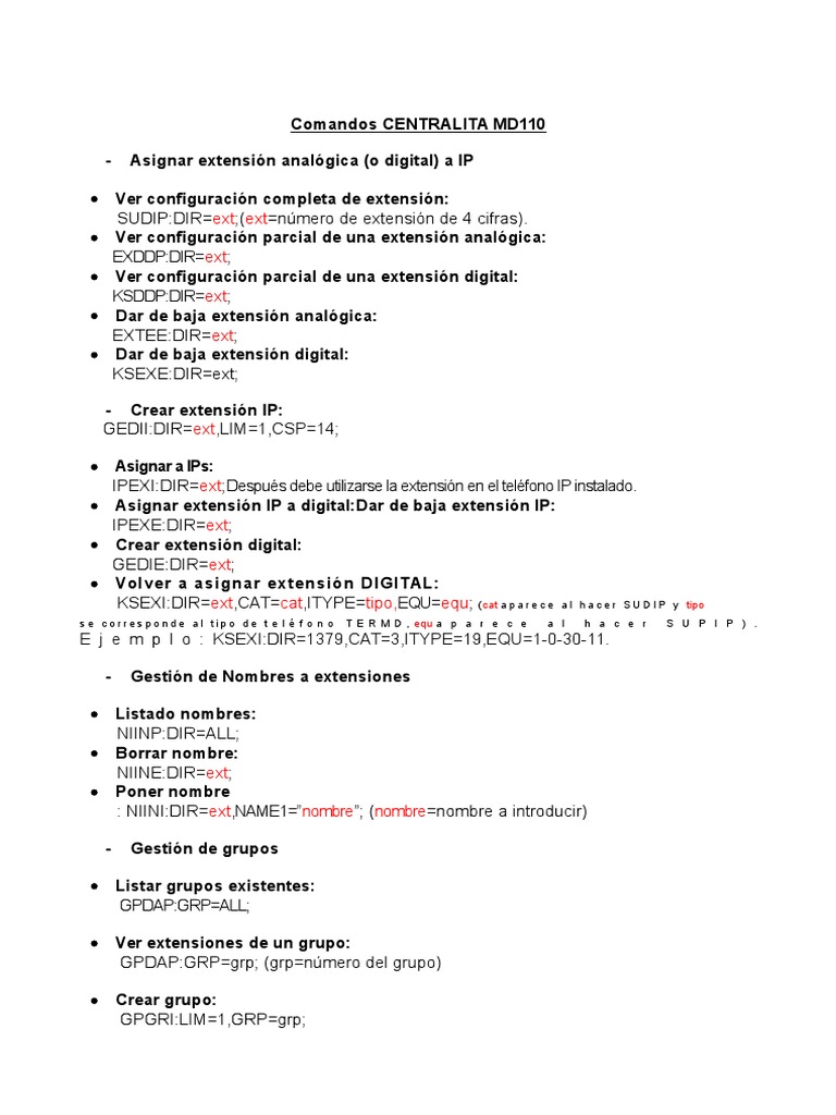 Comandos CENTRAL MD110 | PDF