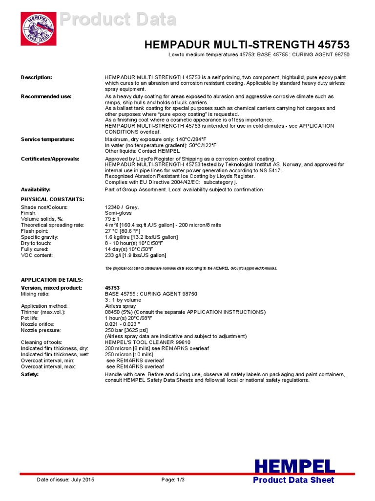 Hempel - Hempadur Multi-Strength 45753 (Cold Climate) | PDF | Paint | Epoxy