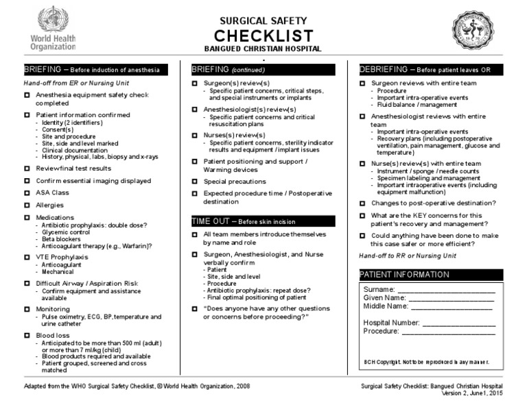 Surgical Safety Checklist | PDF | Surgery | Medicine