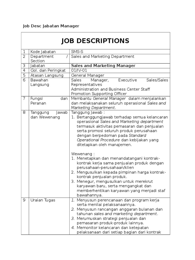 Contoh Job Desc Jabatan Manager | PDF