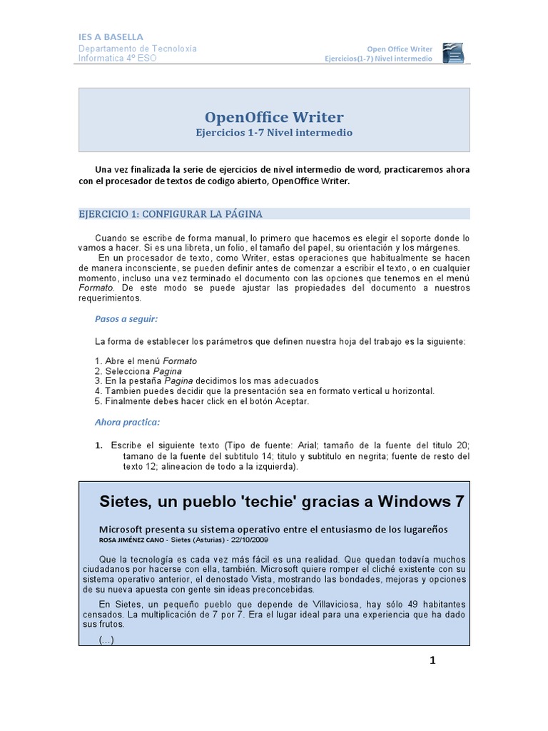 OpenOffice Writer Ejercicios Nivel Intermedio 1 Al 7 | PDF | Windows 7 ...