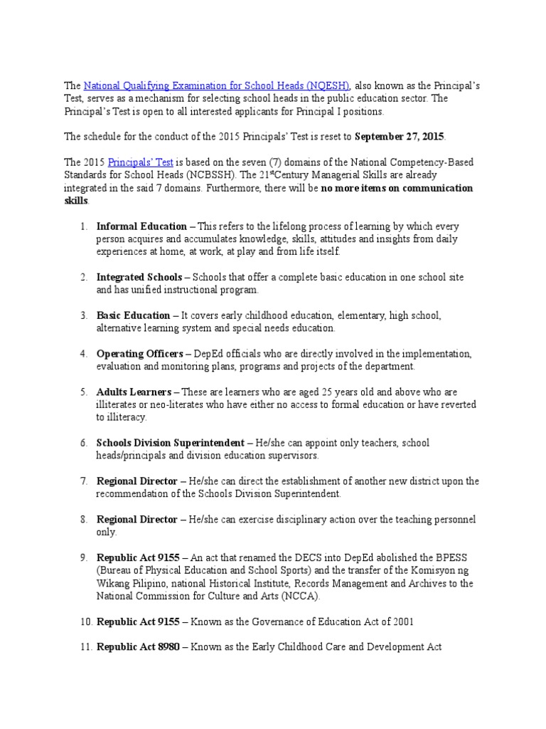 The National Qualifying Examination For School Heads | PDF | Schools ...