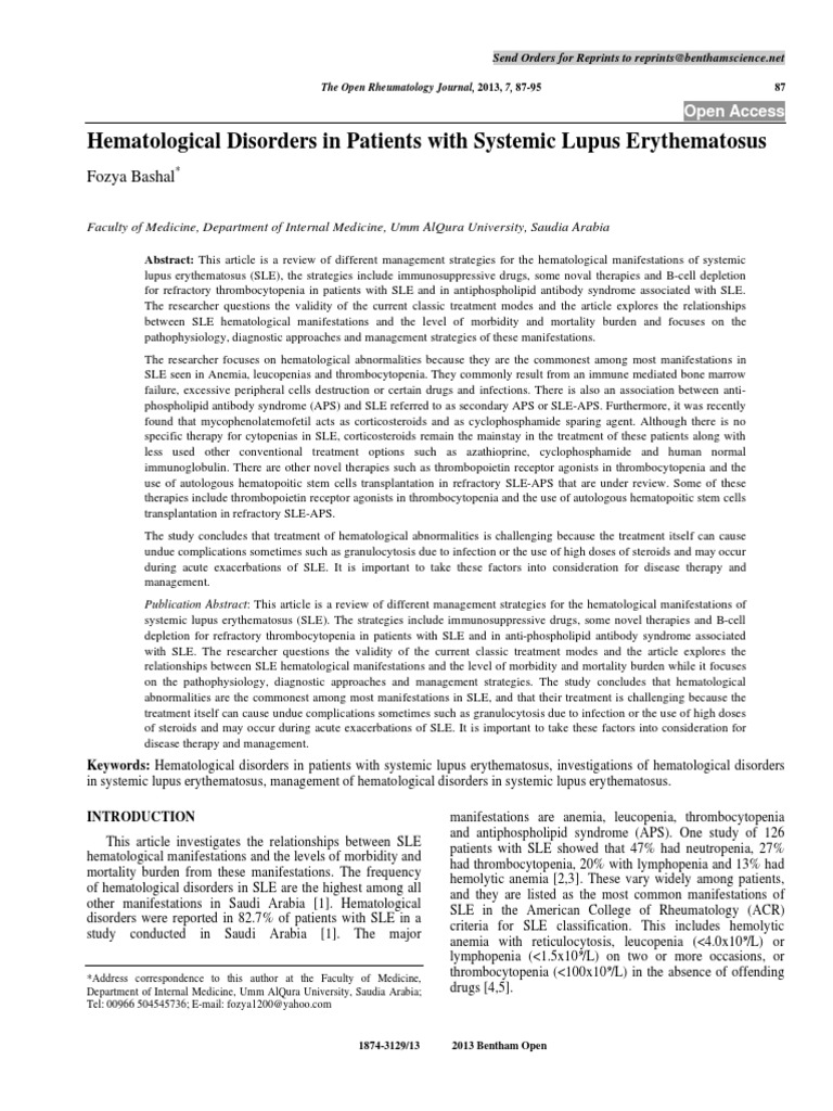 Hematological Disorders in Patients With Systemic Lupus Erythematosus ...