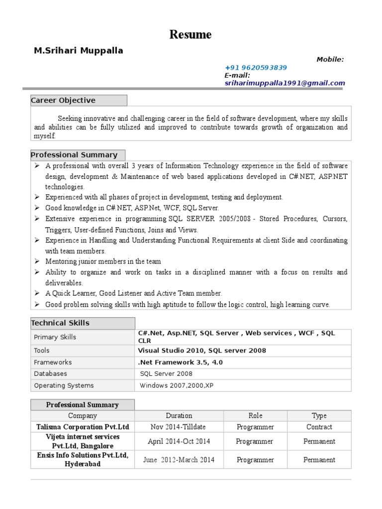 Srihari Dotnet Resume | PDF | Microsoft Sql Server | World Wide Web
