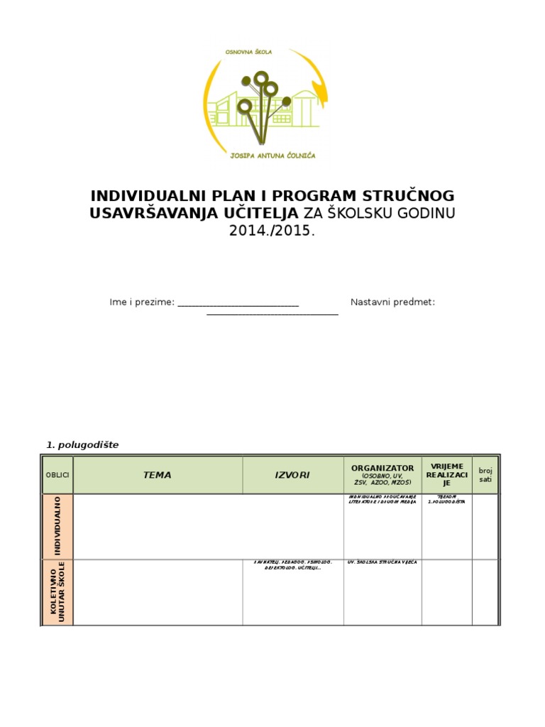 Individualni Plan I Program Strucnog Usavrsavanja Ucitelja Za Skolsku Godinu 2014-2015 | PDF
