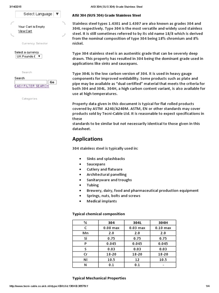 AISI 304 (SUS 304) Grade Stainless Steel | PDF | Heat Treating ...