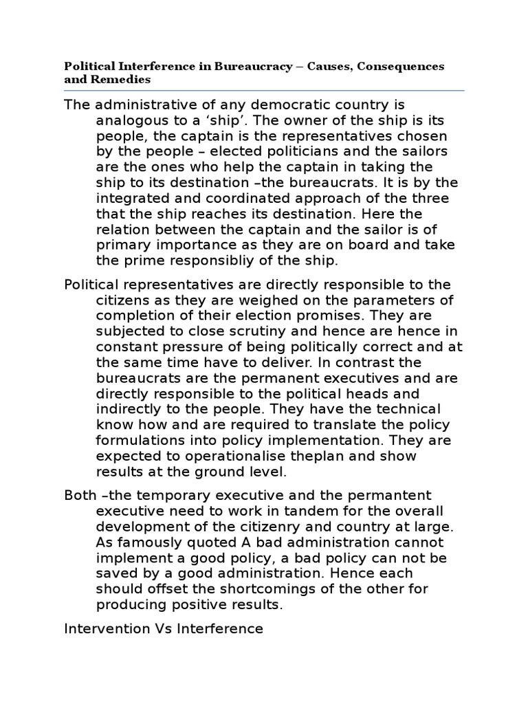 Essay 3 Political Interference in Bureaucracy | Bureaucracy | Justice