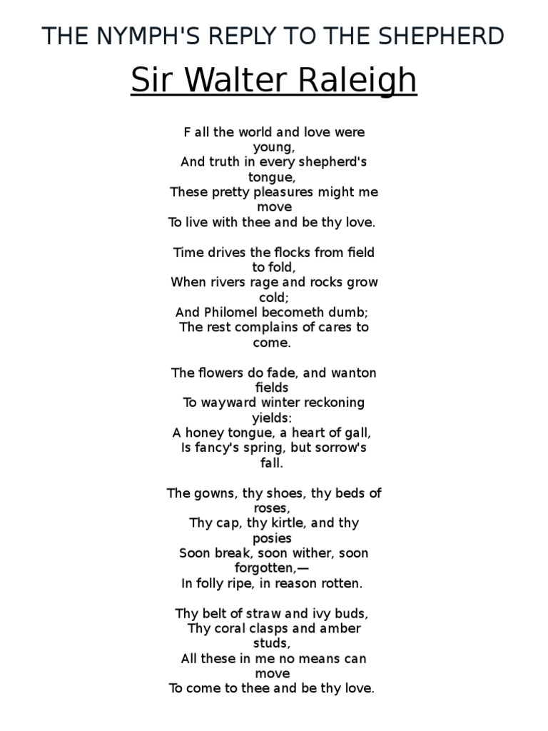 The Nymphs Reply To The Shepherd and The Passionate Shpeherd To His ...