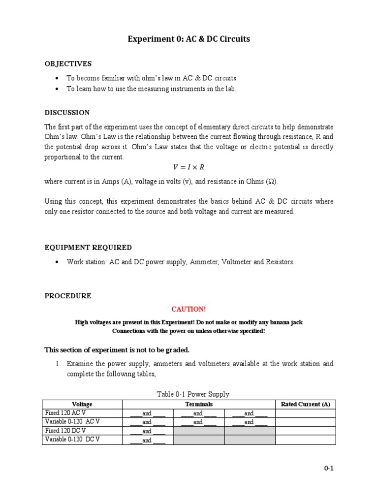 Experiment 0 AC and DC Circuits | PDF | Voltage | Resistor