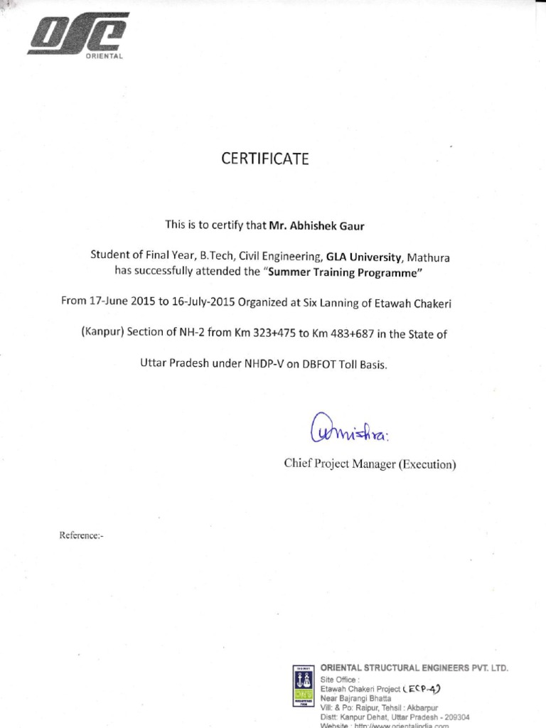 B.Tech Civil Engineering Training Certificate | PDF