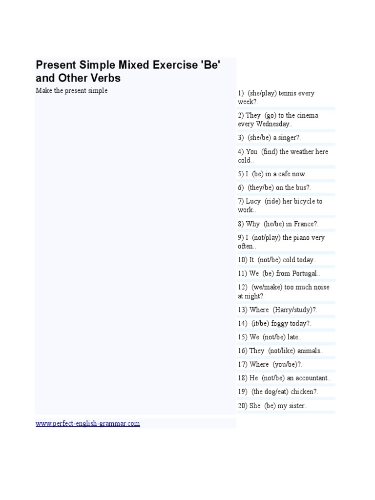 Present Simple Mixed Exercise 'Be' and Other Verbs | PDF