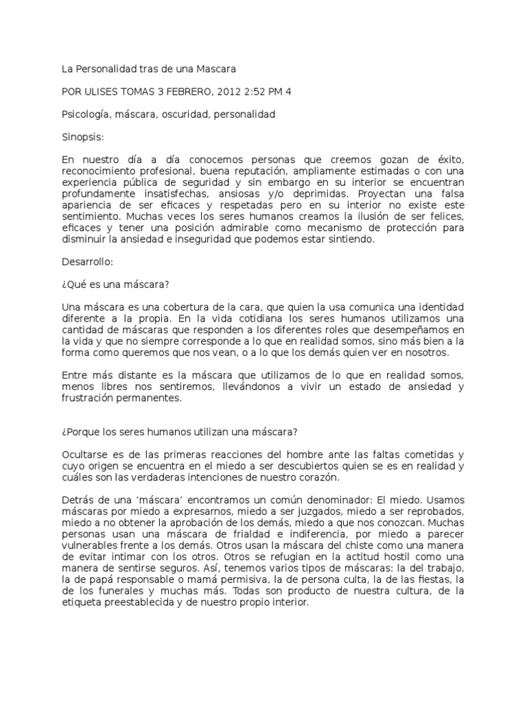 Máscaras en la Personalidad Humana | PDF | Temor | Homo Sapiens