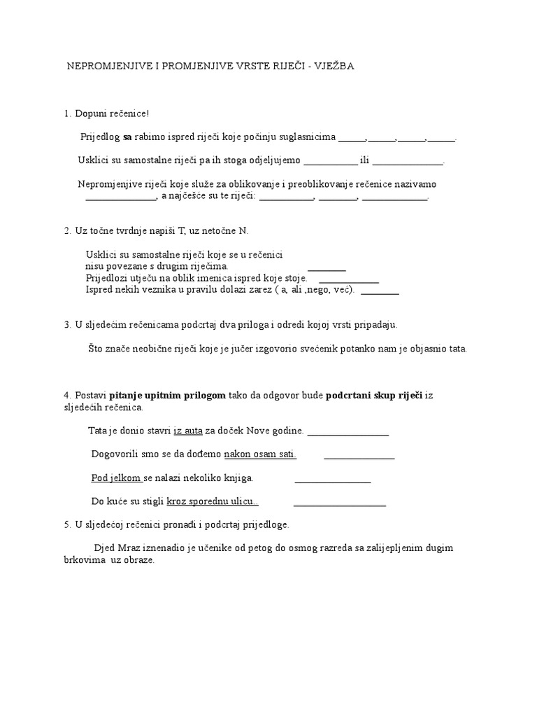 Vjezba Nepromjenjive I Promjenjive Vrste Rijeci | PDF