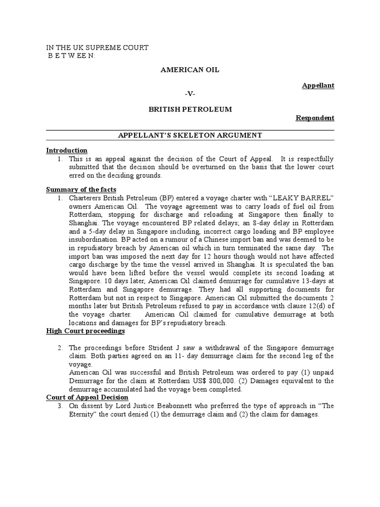 Blank Mooting and Advocacy Skeleton Argument | Bp | Petroleum