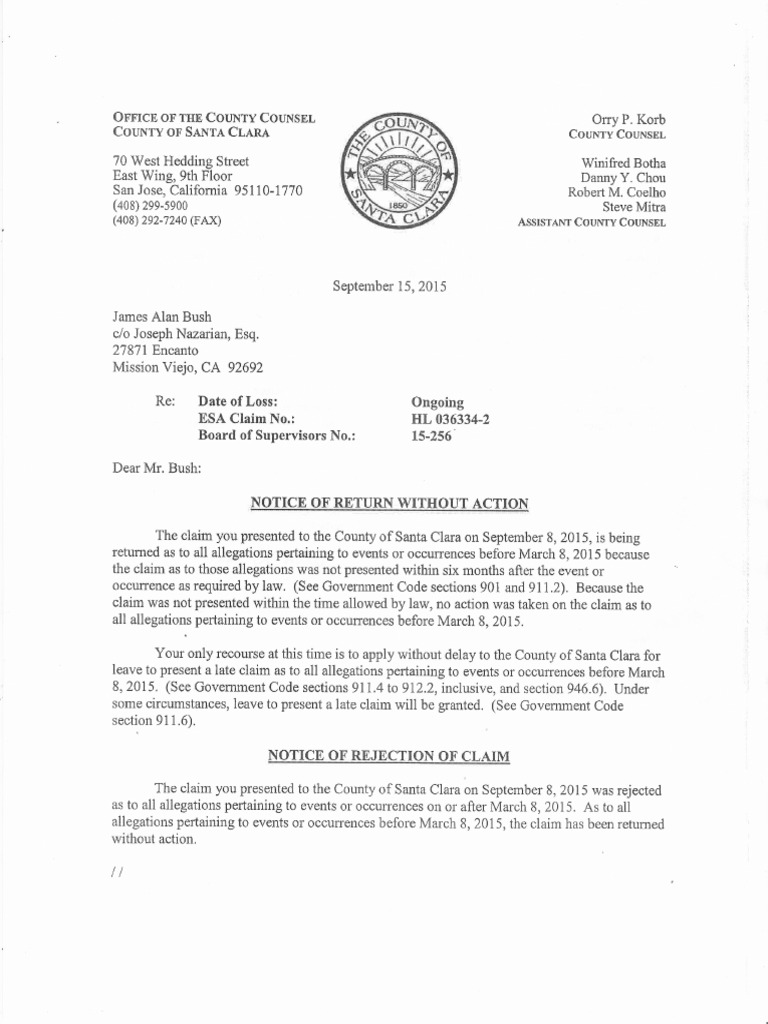 Santa Clara County Claim Rejection Letter | PDF