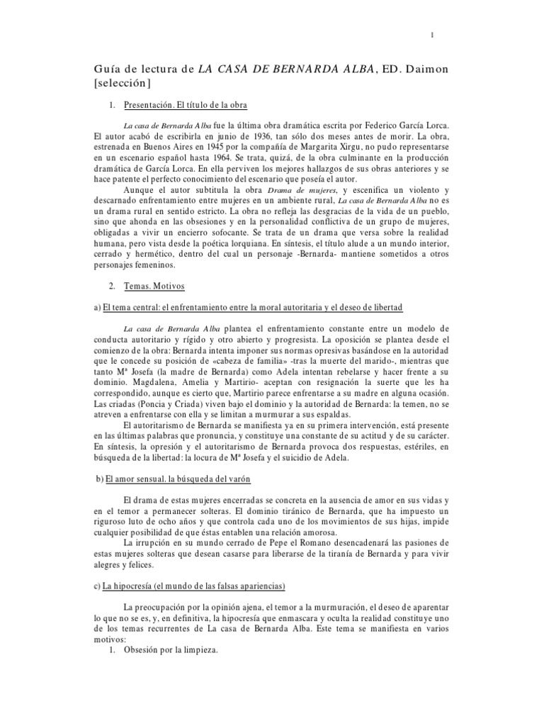 Guia de Lectura. La Casa de Bernarda Alba. | PDF