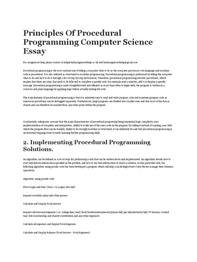 Principles Of Procedural Programming Computer Science Essay Pdf Computer Programming