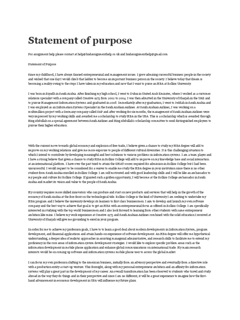 Statement of Purpose | Download Free PDF | Master Of Business ...