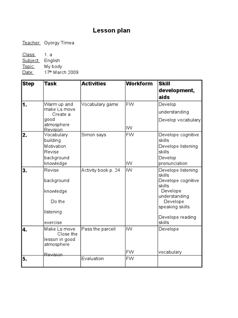 English Lesson Plan: My Body | PDF