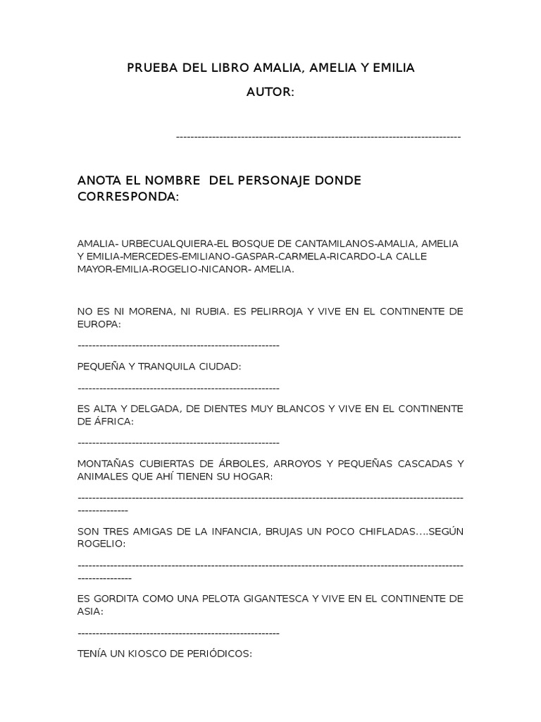 Prueba Del Libro Amalia, Amelia y Emilia | PDF | Clásicos