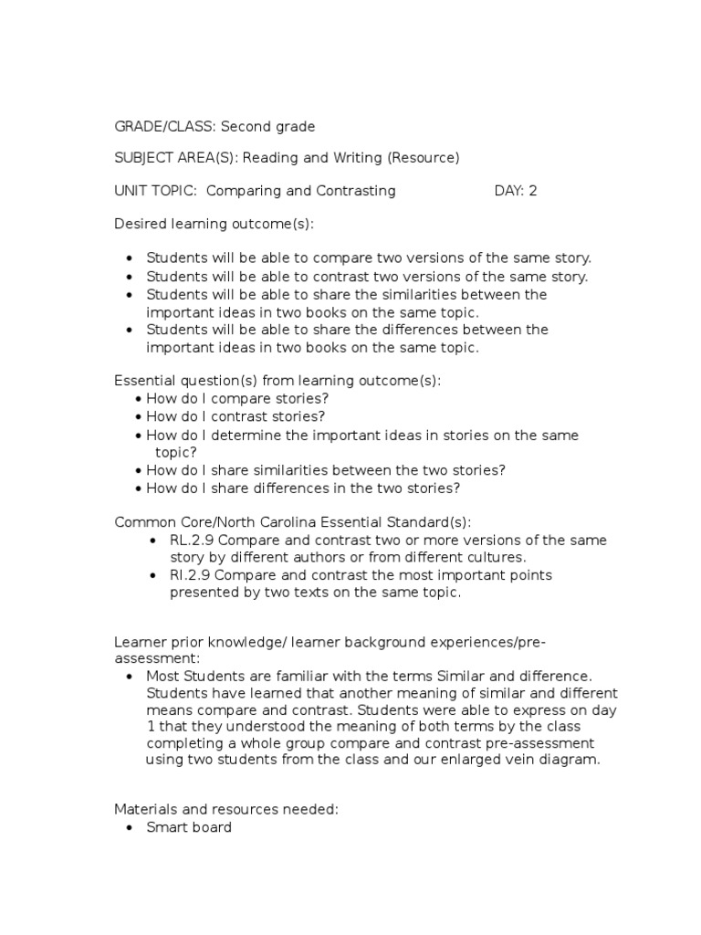 Lesson Plan Compare and Contrast | PDF | Educational Assessment ...