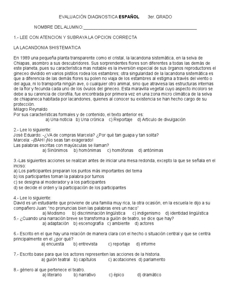 Examen Planea Español 3° | PDF | Narrativa | Flores