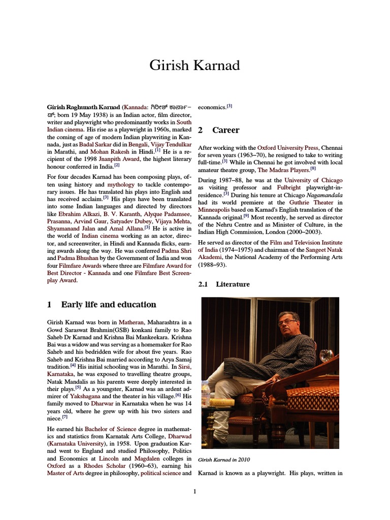 Girish Karnad | PDF | Entertainment (General) | Theatre